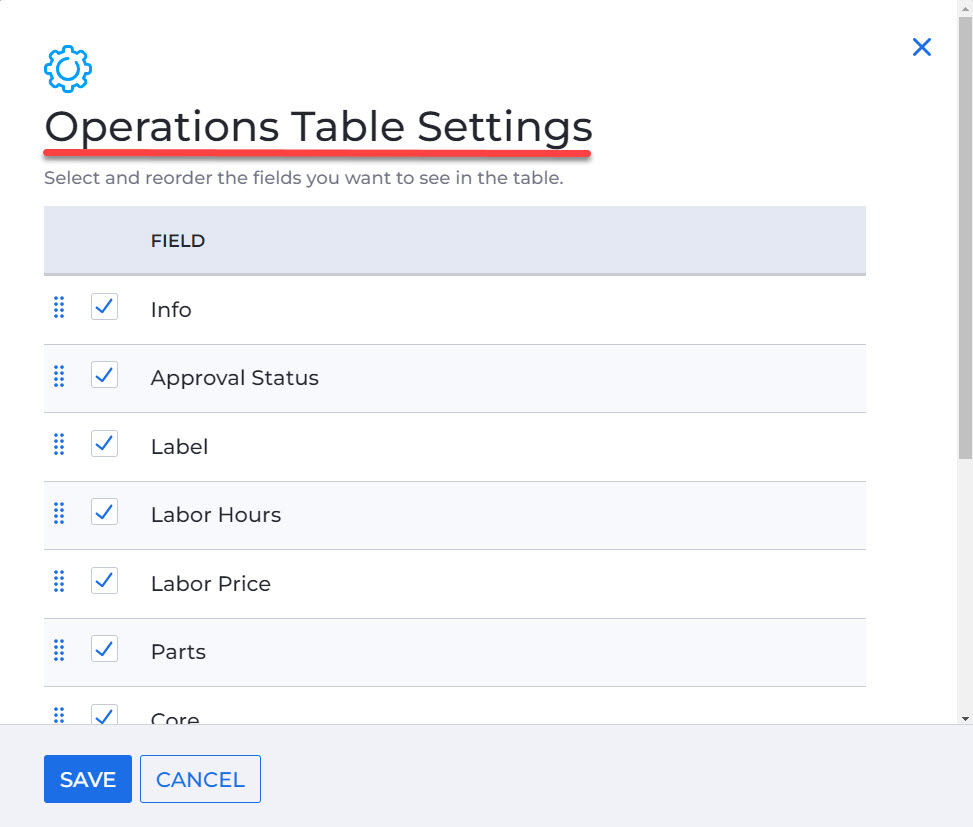 New Operations Table - Operations Table Settings – Decisiv
